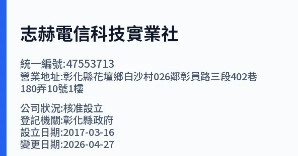 志赫電信科技實業社的照片-統編 47553713(彰化縣) 公司登記資料與營業項目詳細圖表