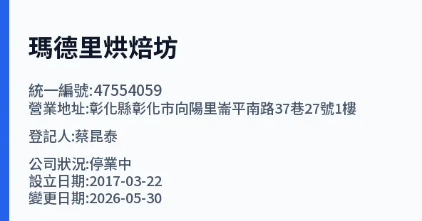 瑪德里烘焙坊的照片-統編 47554059(彰化縣) 公司登記資料與營業項目詳細圖表
