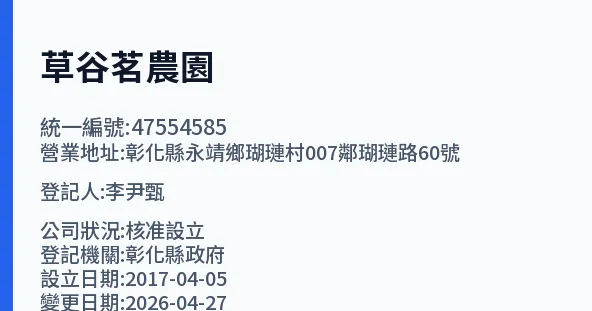 草谷茗農園的照片-統編 47554585(彰化縣) 公司登記資料與營業項目詳細圖表