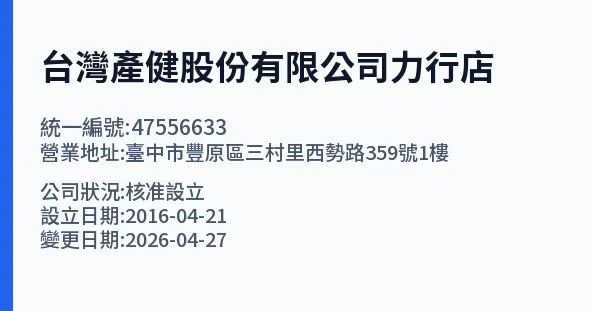 台灣產健股份有限公司力行店的照片-統編 47556633(臺中市) 公司登記資料與營業項目詳細圖表