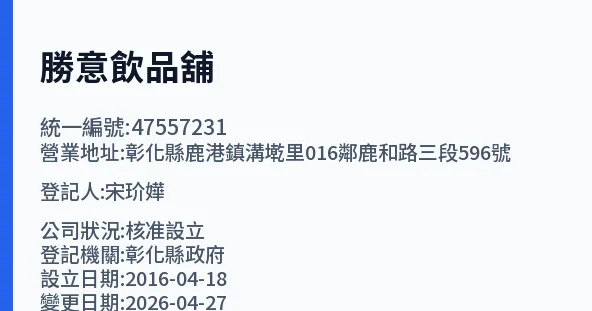 勝意飲品舖的照片-統編 47557231(彰化縣) 公司登記資料與營業項目詳細圖表