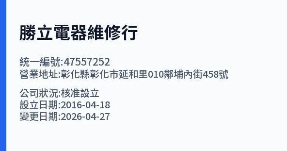 勝立電器維修行的照片-統編 47557252(彰化縣) 公司登記資料與營業項目詳細圖表