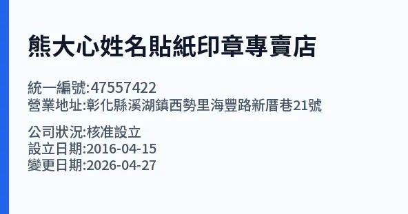 熊大心姓名貼紙印章專賣店的照片-統編 47557422(彰化縣) 公司登記資料與營業項目詳細圖表