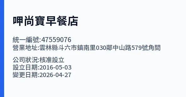 呷尚寶早餐店的照片-統編 47559076(雲林縣) 公司登記資料與營業項目詳細圖表