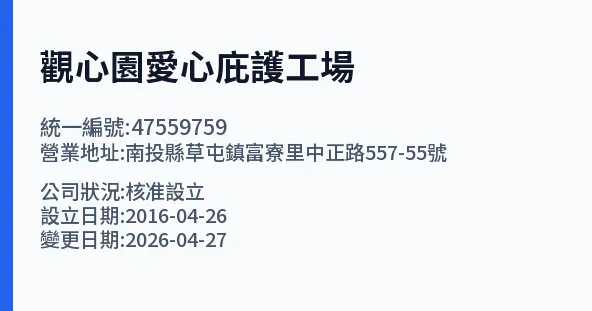 觀心園愛心庇護工場的照片-統編 47559759(南投縣) 公司登記資料與營業項目詳細圖表