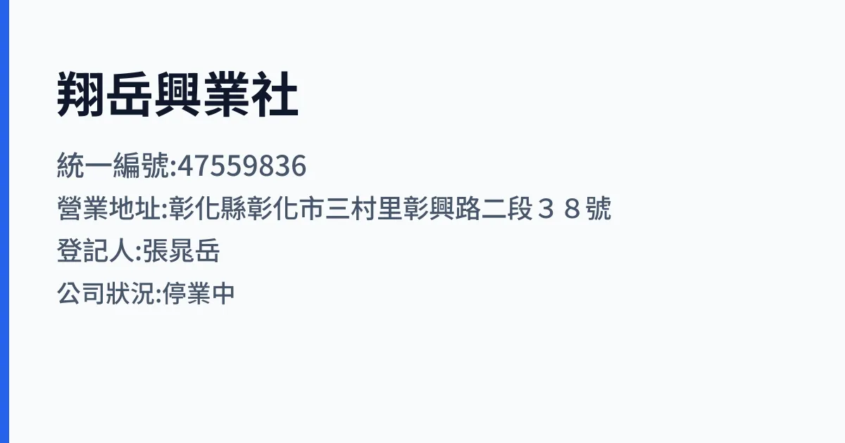 翔岳興業社 - 統編 47559836(彰化縣) 公司登記資料與營業項目詳細圖表