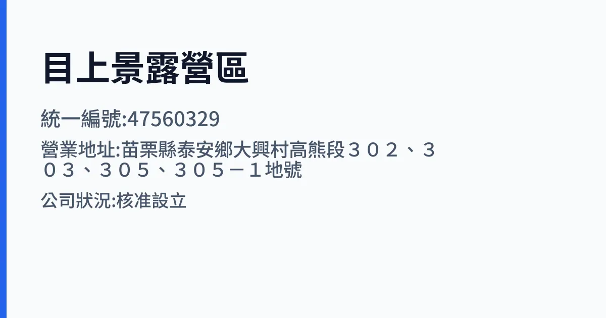 目上景露營區 - 統編 47560329(苗栗縣) 公司登記資料與營業項目詳細圖表