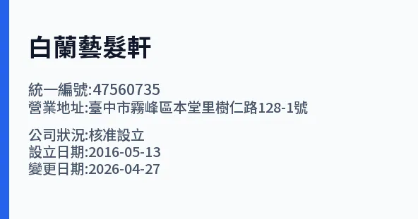 白蘭藝髮軒的照片-統編 47560735(臺中市) 公司登記資料與營業項目詳細圖表