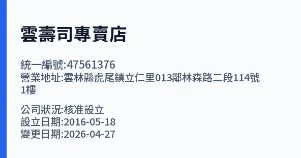 雲壽司專賣店的照片-統編 47561376(雲林縣) 公司登記資料與營業項目詳細圖表