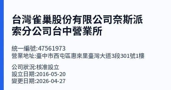 台灣雀巢股份有限公司奈斯派索分公司台中營業所的照片-統編 47561973(臺中市) 公司登記資料與營業項目詳細圖表