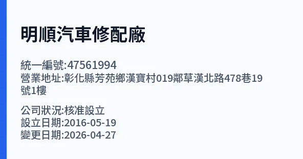 明順汽車修配廠的照片-統編 47561994(彰化縣) 公司登記資料與營業項目詳細圖表