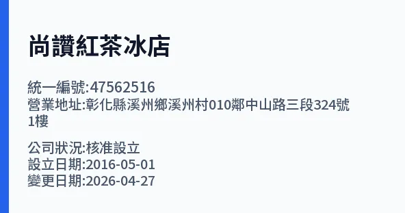 尚讚紅茶冰店的照片-統編 47562516(彰化縣) 公司登記資料與營業項目詳細圖表