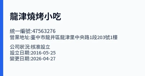 龍津燒烤小吃的照片-統編 47563276(臺中市) 公司登記資料與營業項目詳細圖表