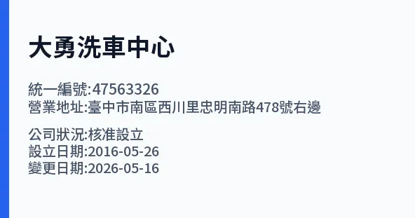 大勇洗車中心的照片-統編 47563326(臺中市) 公司登記資料與營業項目詳細圖表