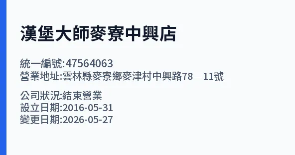 漢堡大師麥寮中興店的照片-統編 47564063(雲林縣) 公司登記資料與營業項目詳細圖表