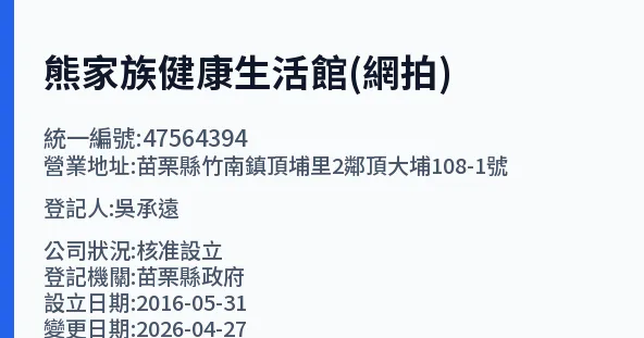 熊家族健康生活館(網拍)的照片-統編 47564394(苗栗縣) 公司登記資料與營業項目詳細圖表