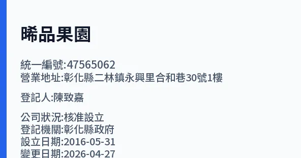 晞品果園的照片-統編 47565062(彰化縣) 公司登記資料與營業項目詳細圖表