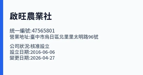 啟旺農業社的照片-統編 47565801(臺中市) 公司登記資料與營業項目詳細圖表
