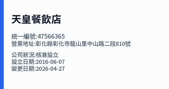 天皇餐飲店的照片-統編 47566365(彰化縣) 公司登記資料與營業項目詳細圖表