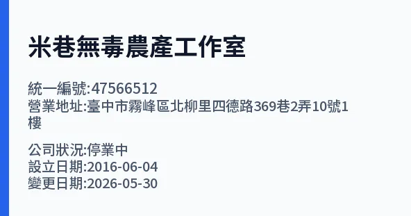 米巷無毒農產工作室的照片-統編 47566512(臺中市) 公司登記資料與營業項目詳細圖表