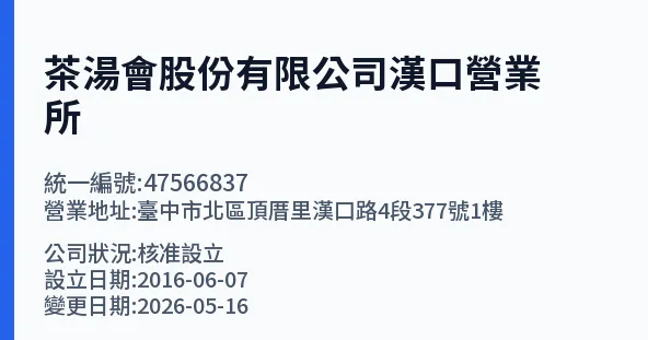 茶湯會股份有限公司漢口營業所的照片-統編 47566837(臺中市) 公司登記資料與營業項目詳細圖表