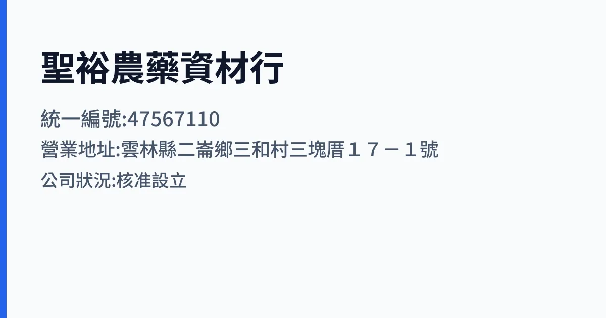 聖裕農藥資材行 - 統編 47567110(雲林縣) 公司登記資料與營業項目詳細圖表