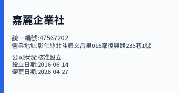 嘉麗企業社的照片-統編 47567202(彰化縣) 公司登記資料與營業項目詳細圖表