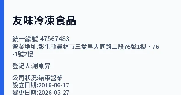 友味冷凍食品的照片-統編 47567483(彰化縣) 公司登記資料與營業項目詳細圖表