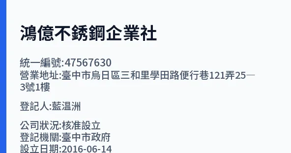 鴻億不銹鋼企業社的照片-統編 47567630(臺中市) 公司登記資料與營業項目詳細圖表