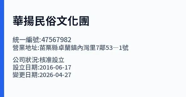 華揚民俗文化團的照片-統編 47567982(苗栗縣) 公司登記資料與營業項目詳細圖表