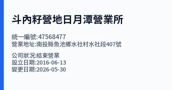 斗內籽營地日月潭營業所的照片-統編 47568477(南投縣) 公司登記資料與營業項目詳細圖表