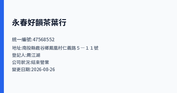 永春好韻茶葉行的照片-統編 47568552(南投縣) 公司登記資料與營業項目詳細圖表