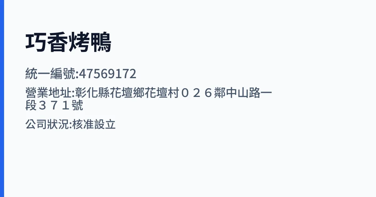 巧香烤鴨 - 統編 47569172(彰化縣) 公司登記資料與營業項目詳細圖表