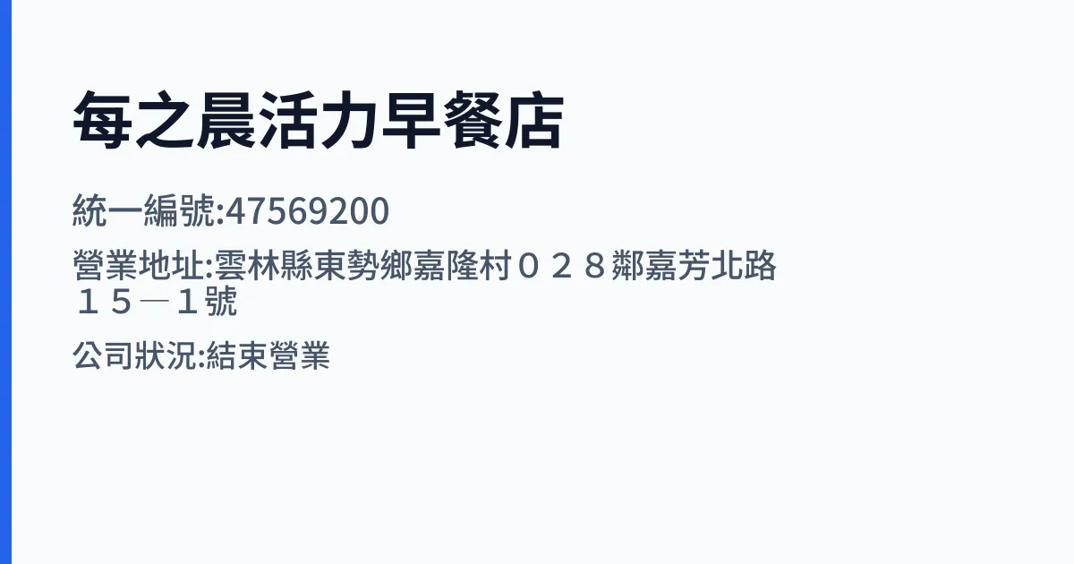 每之晨活力早餐店 - 統編 47569200(雲林縣) 公司登記資料與營業項目詳細圖表
