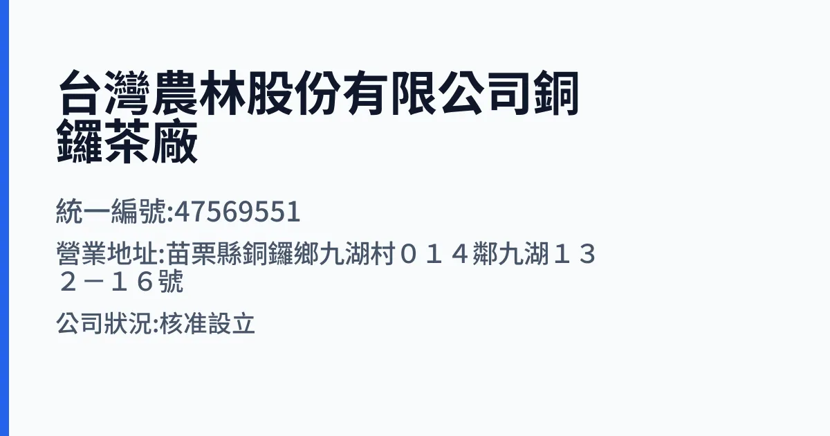 台灣農林股份有限公司銅鑼茶廠 - 統編 47569551(苗栗縣) 公司登記資料與營業項目詳細圖表