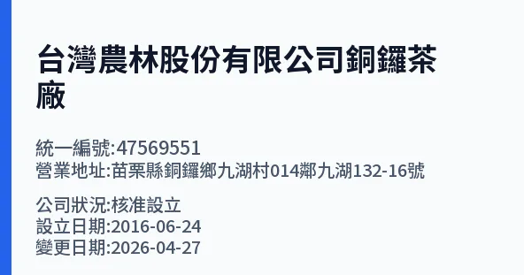 台灣農林股份有限公司銅鑼茶廠的照片-統編 47569551(苗栗縣) 公司登記資料與營業項目詳細圖表