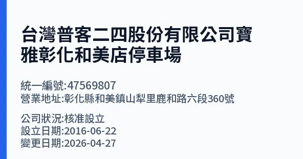 台灣普客二四股份有限公司寶雅彰化和美店停車場的照片-統編 47569807(彰化縣) 公司登記資料與營業項目詳細圖表