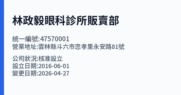 林政毅眼科診所販賣部的照片-統編 47570001(雲林縣) 公司登記資料與營業項目詳細圖表