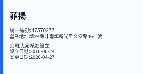 菲揚的照片-統編 47570277(雲林縣) 公司登記資料與營業項目詳細圖表