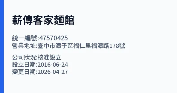 薪傳客家麵館的照片-統編 47570425(臺中市) 公司登記資料與營業項目詳細圖表