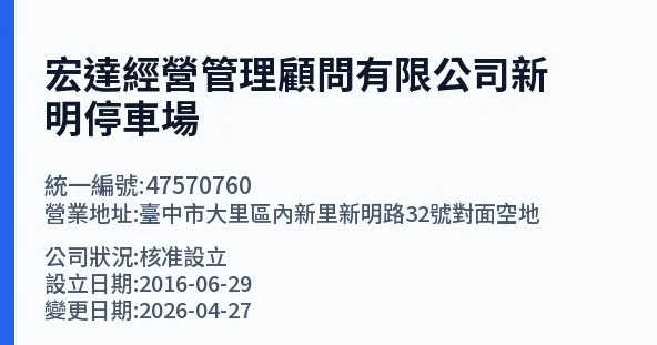 宏達經營管理顧問有限公司新明停車場的照片-統編 47570760(臺中市) 公司登記資料與營業項目詳細圖表