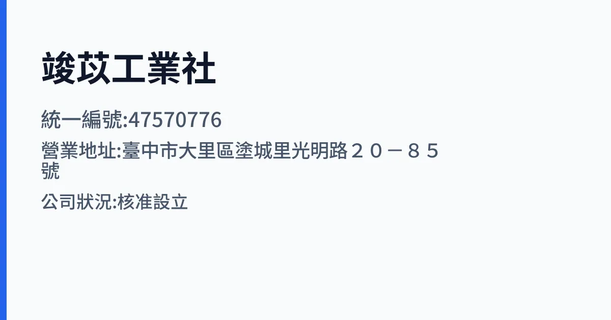 竣苡工業社 - 統編 47570776(臺中市) 公司登記資料與營業項目詳細圖表