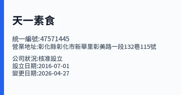 天一素食的照片-統編 47571445(彰化縣) 公司登記資料與營業項目詳細圖表