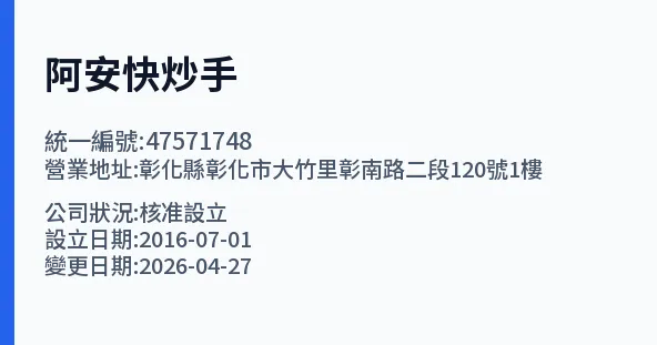 阿安快炒手的照片-統編 47571748(彰化縣) 公司登記資料與營業項目詳細圖表