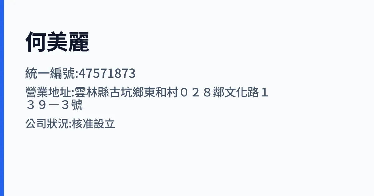 何美麗 - 統編 47571873(雲林縣) 公司登記資料與營業項目詳細圖表