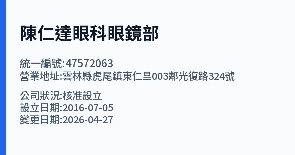 陳仁達眼科眼鏡部的照片-統編 47572063(雲林縣) 公司登記資料與營業項目詳細圖表