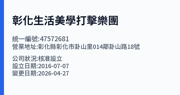 彰化生活美學打擊樂團的照片-統編 47572681(彰化縣) 公司登記資料與營業項目詳細圖表
