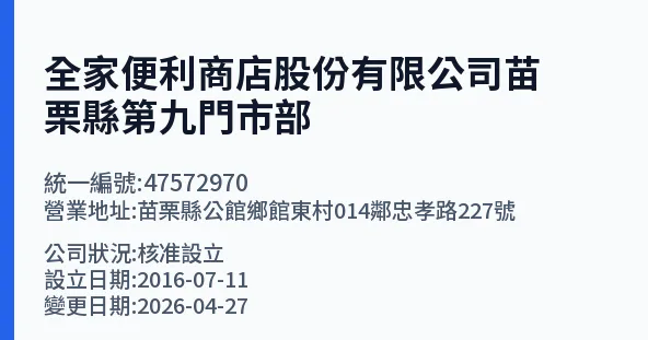 全家便利商店股份有限公司苗栗縣第九門市部的照片-統編 47572970(苗栗縣) 公司登記資料與營業項目詳細圖表