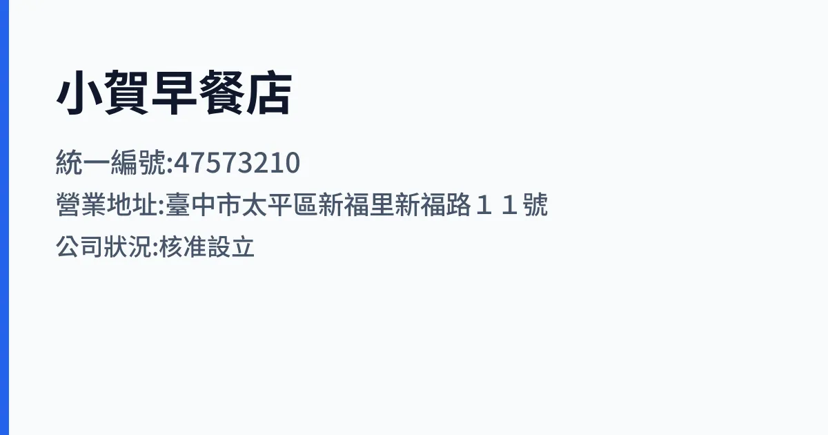 小賀早餐店 - 統編 47573210(臺中市) 公司登記資料與營業項目詳細圖表