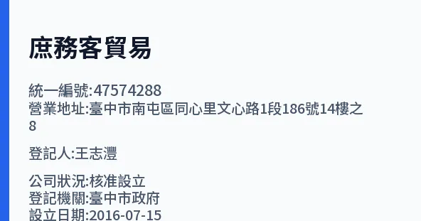 庶務客貿易的照片-統編 47574288(臺中市) 公司登記資料與營業項目詳細圖表